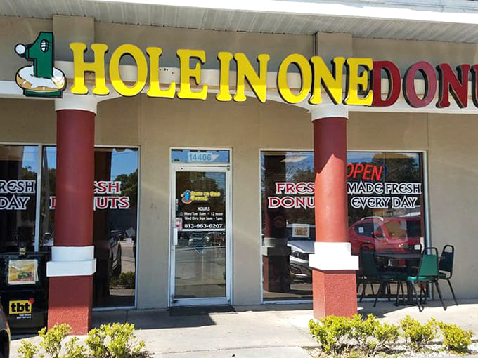 The unassuming exterior hides Tampa's breakfast treasure, proving once again that books and donut shops should never be judged by covers.