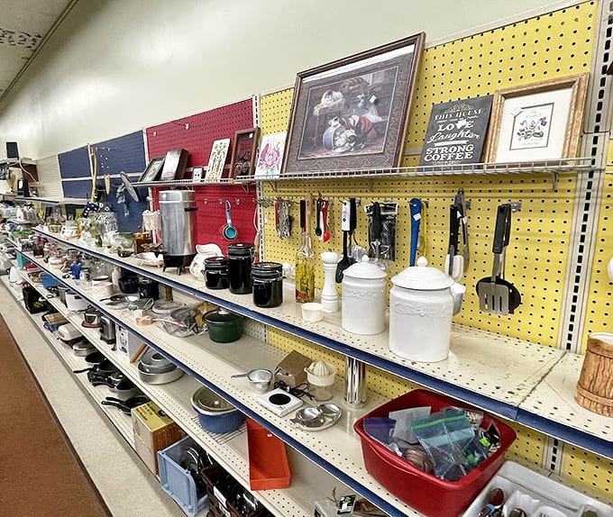 Kitchen treasures and home accents line these shelves like a culinary museum where everything's for sale and memories come included.