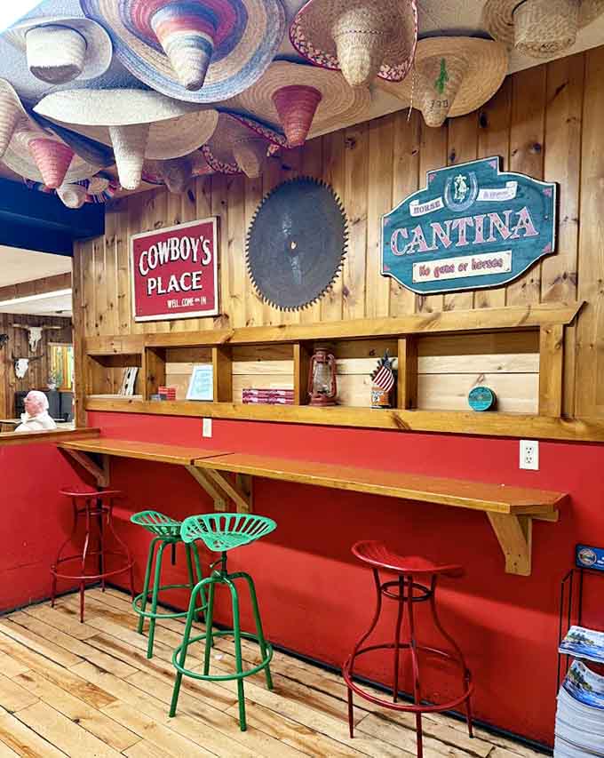 Sombreros and vintage signs decorate the walls, creating a collected-over-time feel that's authentic rather than manufactured for Instagram.