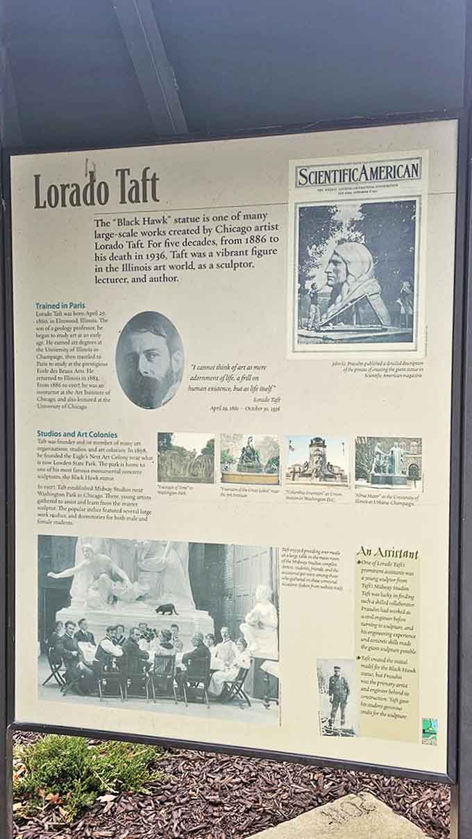 Lorado Taft's legacy lives on through informative displays, telling the story of the artistic visionary behind the park's iconic statue.