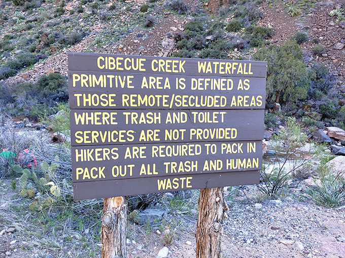The sign says it all: this is wilderness in its truest form, pack it in, pack it out, and leave only footprints in this pristine environment.