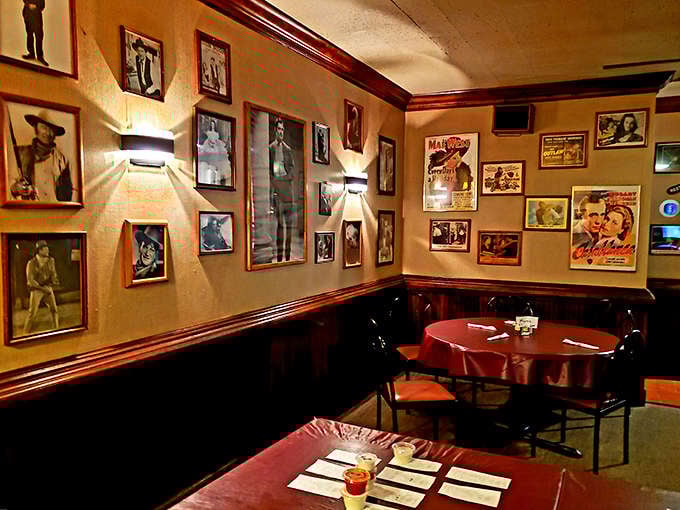 Movie star portraits and vintage memorabilia line the walls, creating a nostalgic backdrop for memorable meals with family and friends.
