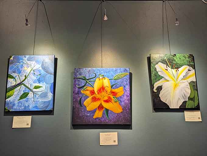 Vibrant floral paintings that brighten the walls and showcase local artistic talent throughout the seasons.