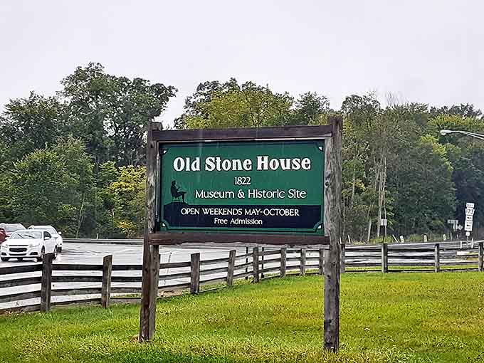 The park entrance sign promises historical adventures without the crowds and overpriced gift shops of more famous attractions.
