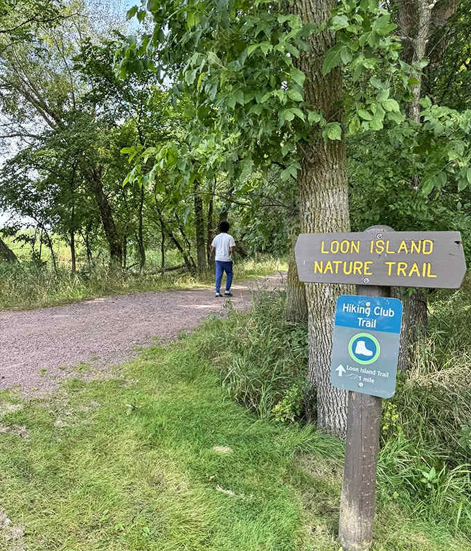 The Loon Island Nature Trail entrance&mdash;where everyday worries mysteriously vanish with each step forward.