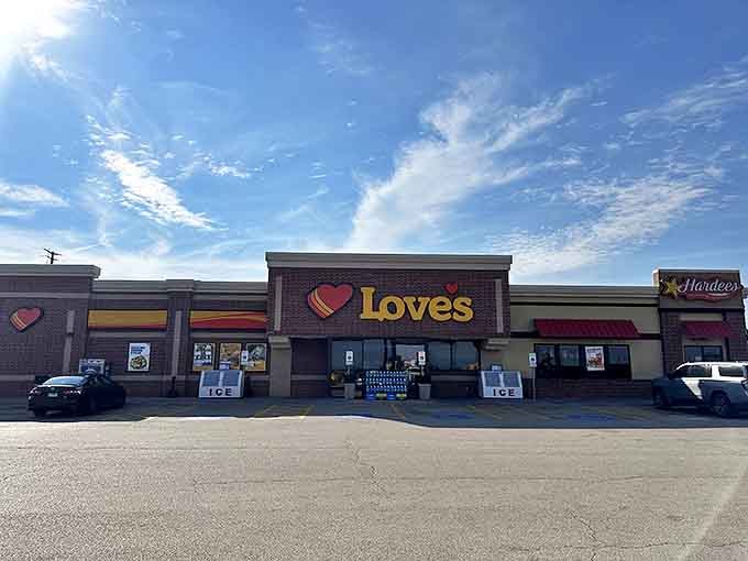 Love's Travel Stop &ndash; where road-trippers fuel up on coffee and conversation before discovering Oglesby's hidden treasures.