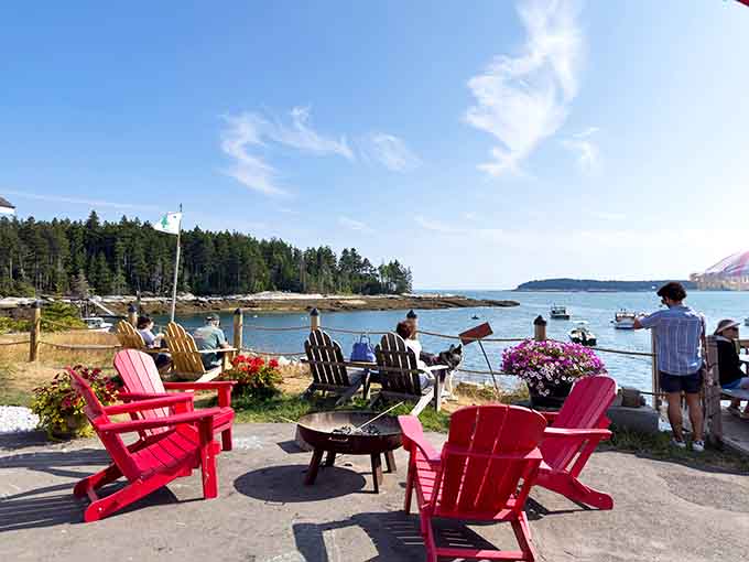 Colorful chairs dot the waterfront patio where every seat comes with million-dollar views and zero attitude.