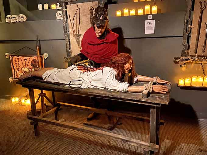 The torture table displays how interrogators combined physical pain with psychological terror to extract confessions from their helpless victims.