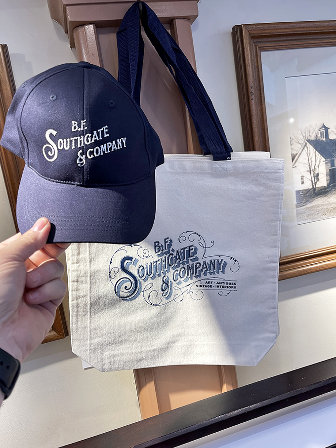 Branded merchandise lets visitors take home a piece of the B.F. Southgate experience, even if that perfect antique was just beyond the budget.