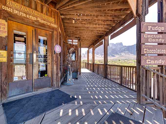 The wraparound porch offers desert views and photo opportunities, plus a moment to contemplate how much fudge is too much fudge.