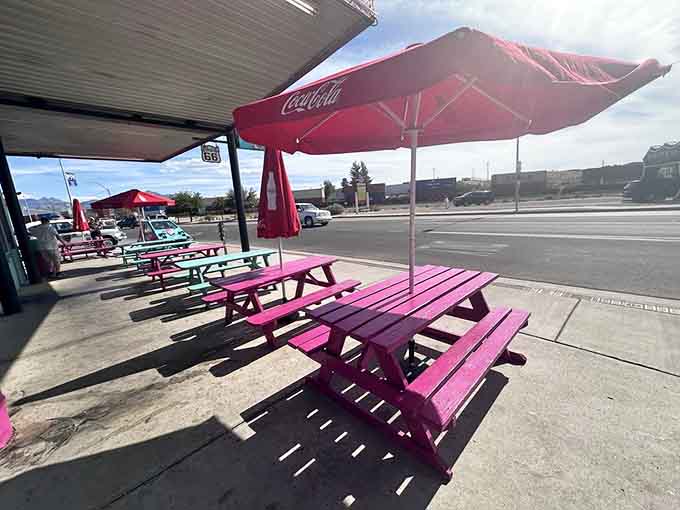 Pink picnic tables under Arizona skies create the perfect setting for enjoying your meal al fresco style.