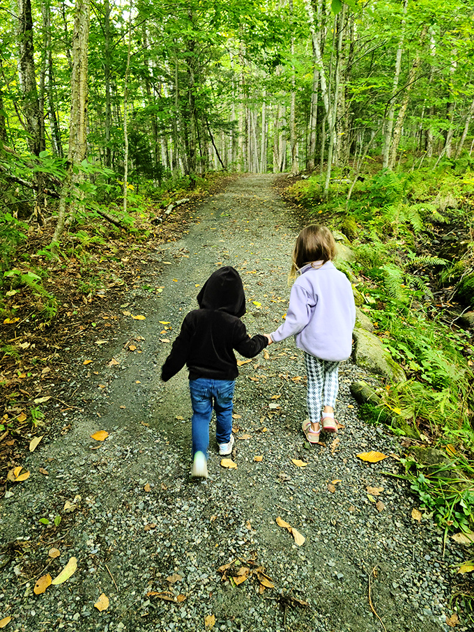Young explorers discover the simple joy of forest paths, where hand-holding adventures create childhood memories that last a lifetime.