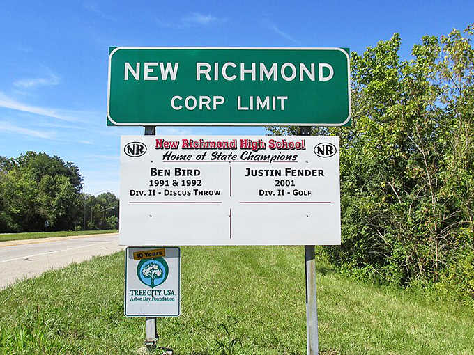 The welcome sign proudly displays New Richmond's athletic achievements, a reminder that small towns often produce outsized talent and community pride.