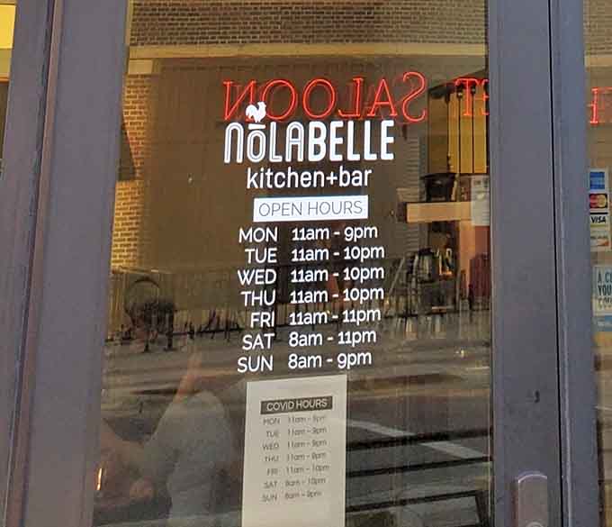 The hours posted on the window promise that Nolabelle is ready to feed you almost any time you need rescuing from mediocre meals.