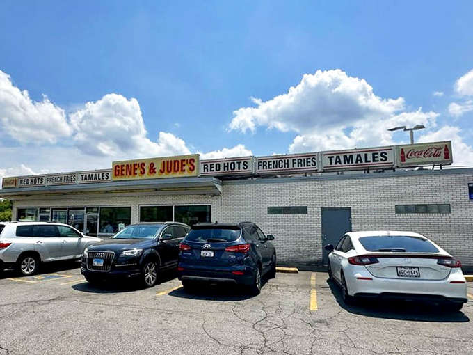 Under clear blue skies, the unassuming exterior of Gene and Jude's doesn't hint at the culinary treasures waiting inside.