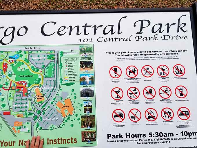 Largo Central Park's information sign orients visitors to all the attractions surrounding the railroad &ndash; a full day's adventure waiting to be explored.