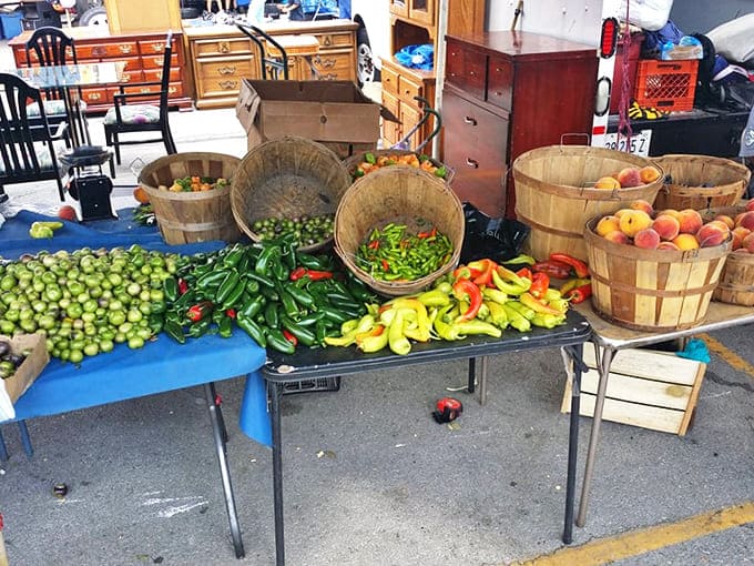 Fresh produce that reminds you flea markets aren't just about dusty treasures &ndash; these peppers and cucumbers are the real farm-to-bargain-table experience.