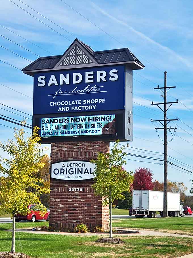 The roadside sign stands as a beacon of hope for the hungry and happiness-deprived, promising sweet salvation just inside.