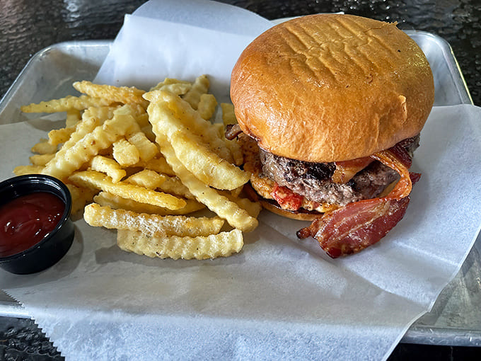 This burger isn't messing around &ndash; substantial, unapologetic, and demanding to be eaten with both hands and plenty of napkins.
