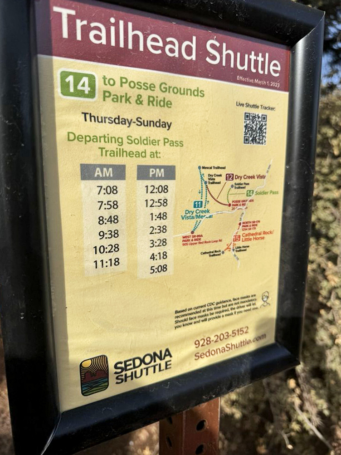 The Sedona Shuttle schedule offers a civilized solution to wilderness parking woes, proving even paradise occasionally needs a good transportation system.