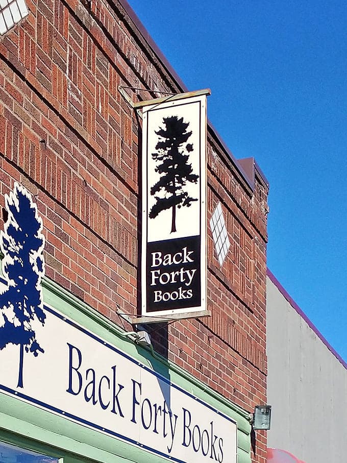 The distinctive Back Forty Books sign with its pine tree silhouette stands as a beacon for book lovers navigating Two Harbors' main street.