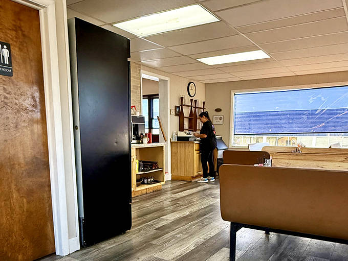 The interior layout prioritizes what matters most: efficient paths for servers carrying plates loaded with breakfast perfection.