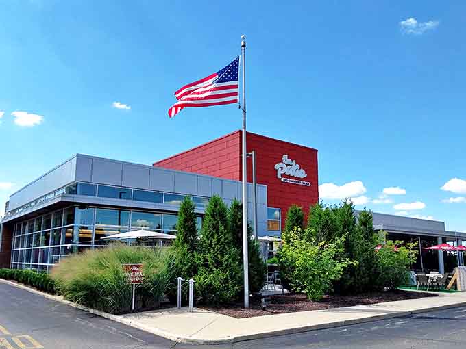 The American flag flies proudly above the building &ndash; a fitting symbol for this restaurant that celebrates regional American flavors with enthusiasm.