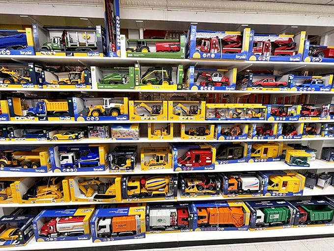 Little construction workers find their equipment here &ndash; from bulldozers to dump trucks, these shelves hold the tools for sandbox adventures.
