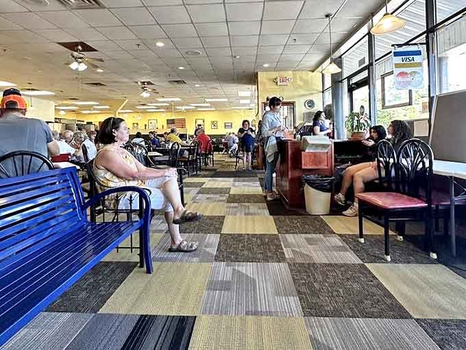 Waiting Area with Benches: The breakfast anticipation zone &ndash; where patience is rewarded with hollandaise-covered perfection just minutes away.