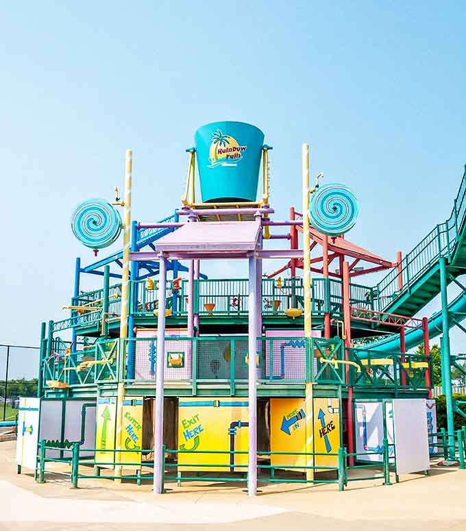 Another angle of the waterpark reveals even more colorful attractions, because one perspective can't capture all this tropical glory.