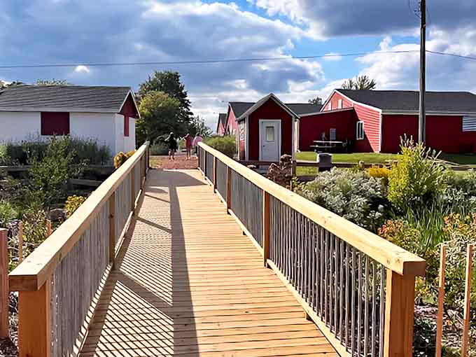 The wooden bridge connects different parts of the orchard experience &ndash; both literally and metaphorically bridging the gap between everyday life and rural escape.