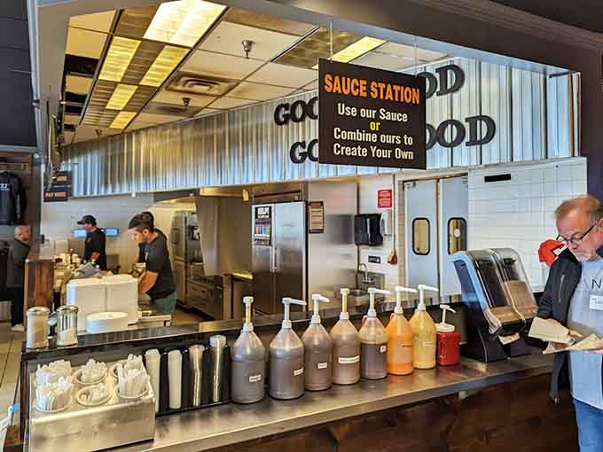 The sauce station invites experimentation with multiple options, turning every meal into a delicious choose-your-own-adventure story.