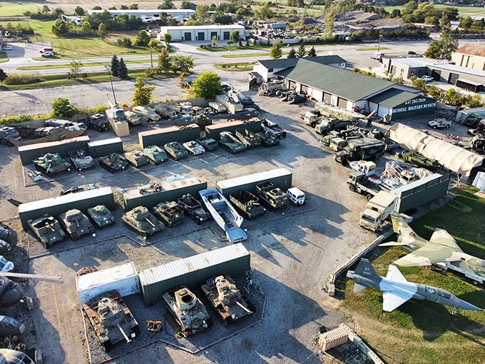 An aerial view reveals the impressive scope of the museum's outdoor collection – a veritable parking lot of military might.