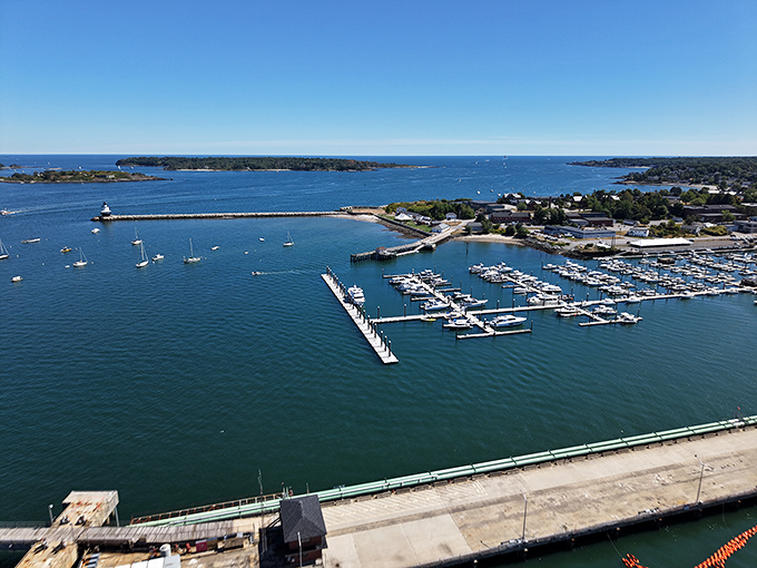 Aerial view reveals the marina's geometric beauty, with boats arranged like pieces on a vast blue chess board.