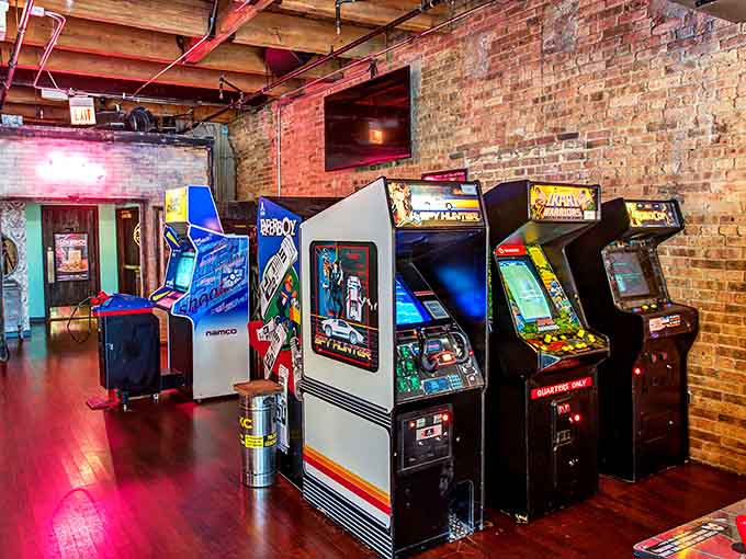 These vintage arcade cabinets stand ready for action, their screens glowing with the promise of high scores and bragging rights.