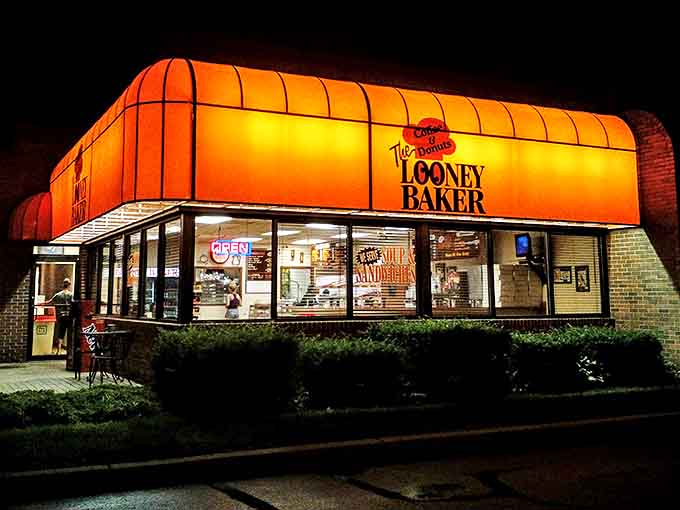 At night, The Looney Baker glows like a spaceship that landed specifically to deliver superior baked goods to Michigan.