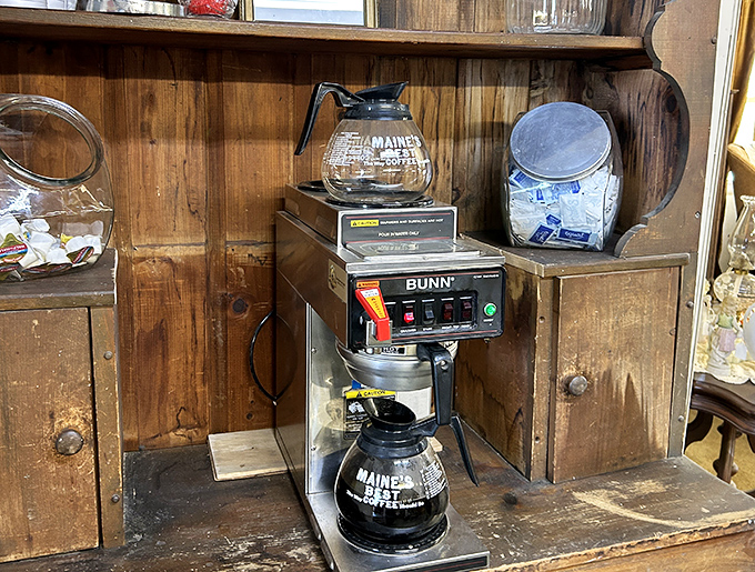 The humble coffee station offers a welcome break for weary treasure hunters, proving some traditions never go out of style.