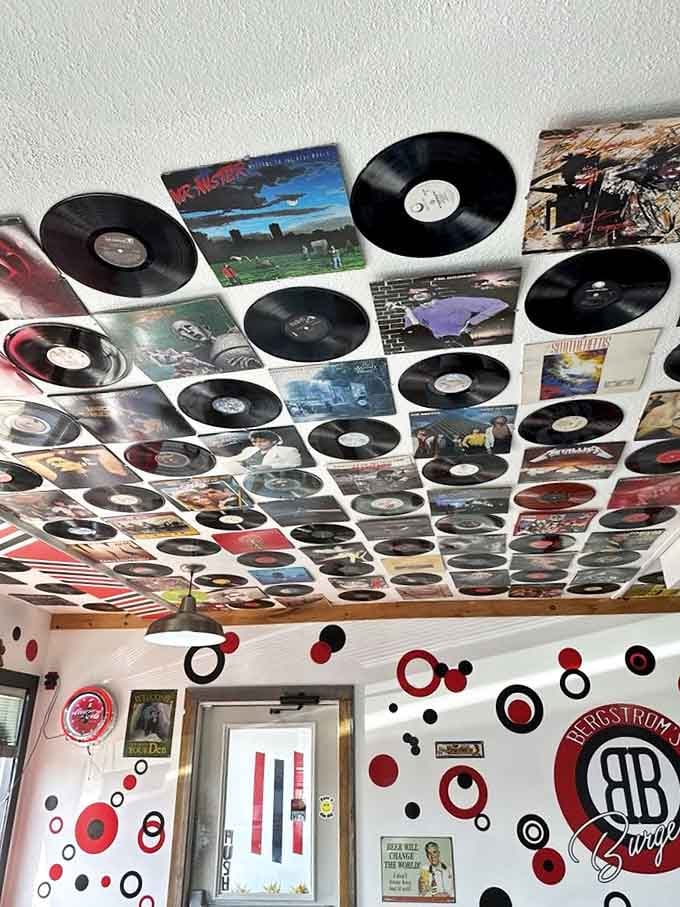 The ceiling's vinyl record collection provides a soundtrack for your eyes while your mouth enjoys the main performance.
