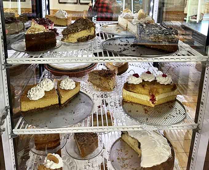 The dessert display case might be the most photographed spot in Mackinaw City – a shrine to the art of American pie-making.