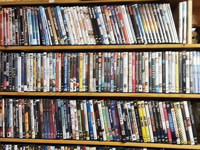 DVD shelves offer a nostalgic journey through film history, physical reminders of movies that streaming services have long forgotten.