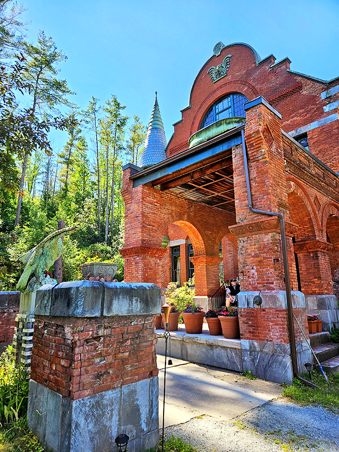 Eagle sentinels guard the entrance with the stern determination of TSA agents who've spotted something suspicious in your carry-on luggage.