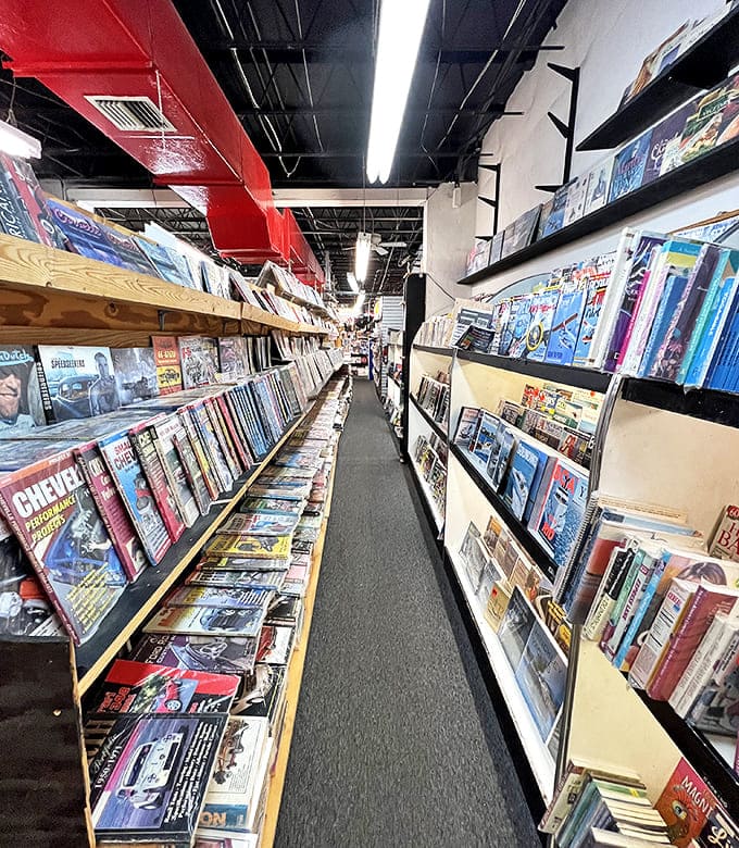 Looking down the main aisle reveals the impressive scope of Bob's collection, a testament to print's enduring appeal.