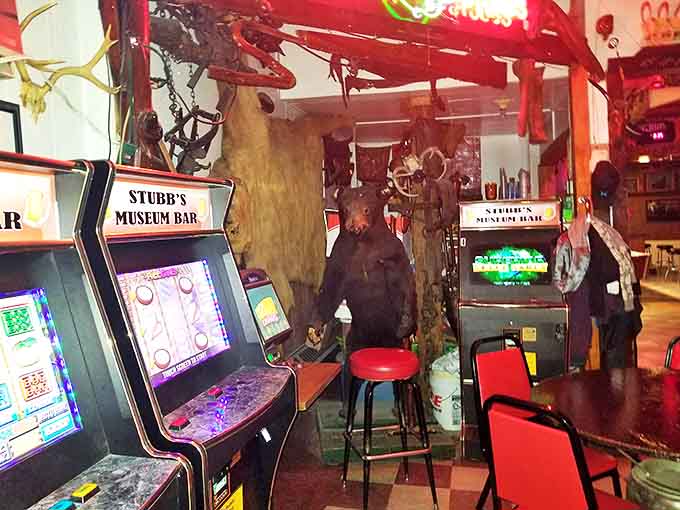 Gaming machines blink in one corner, creating an unexpected juxtaposition of modern entertainment alongside historical treasures and taxidermy.