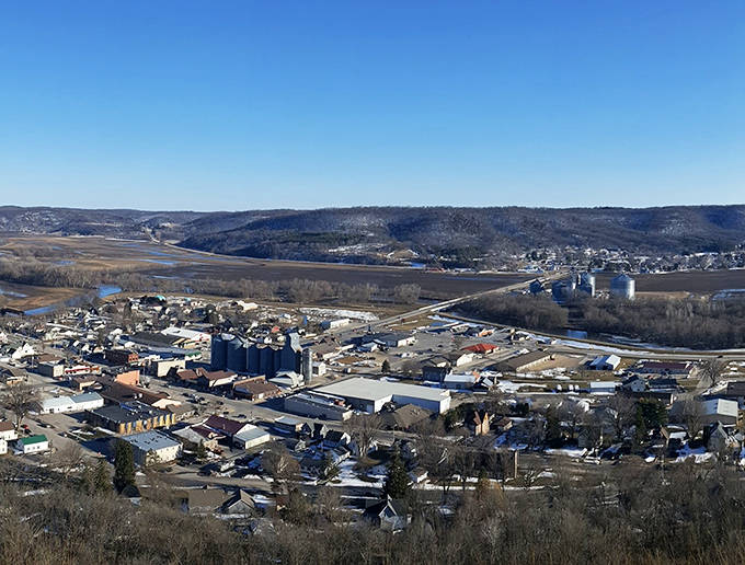 From this bird's-eye view, Rushford reveals its perfect placement in the valley, surrounded by protective bluffs and fertile farmland.