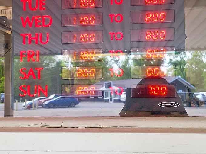 Those glowing hours in the window are like a promise that good food awaits during every shift, seven days a week.