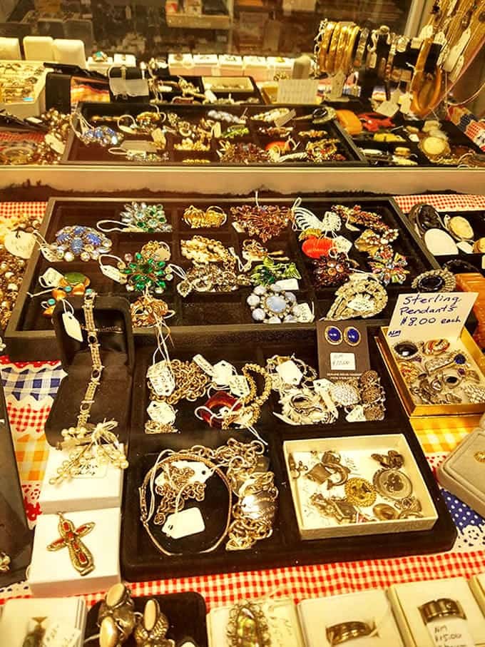 Vintage jewelry displayed like buried treasure &ndash; each brooch and necklace waiting for its second chance to make someone feel special.