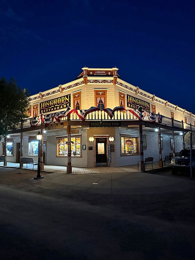The Longhorn Restaurant glows like a beacon in the desert night, its historic building housing hearty Western meals that would satisfy even the hungriest cowboy.
