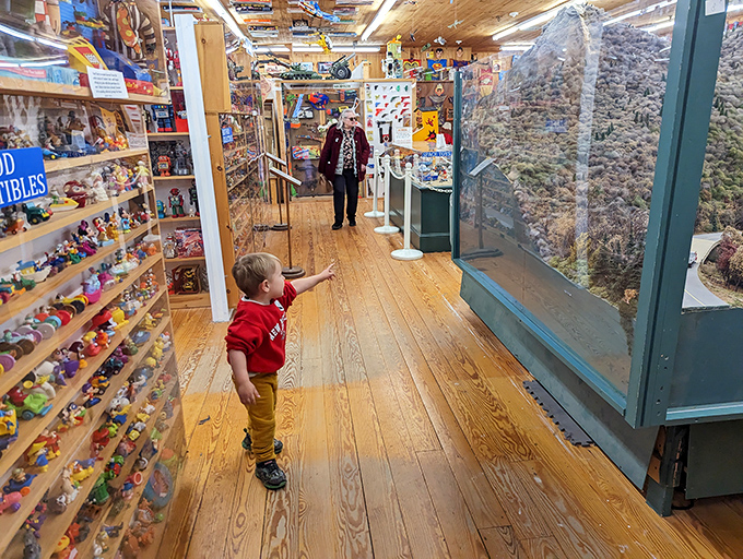 Wonder captured: a young explorer discovers the magic of miniature worlds, pointing with the pure excitement only children possess.