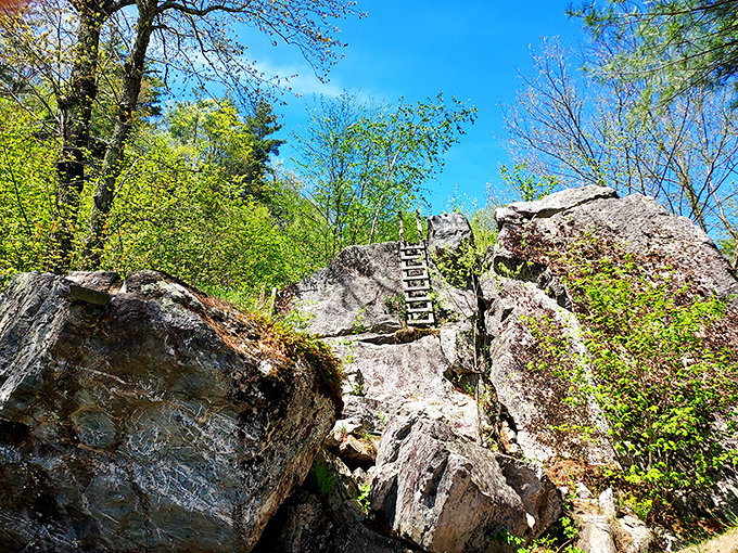 Stone steps climb skyward between massive boulders, a stairway to heaven for the adventurous hiker with sturdy knees.