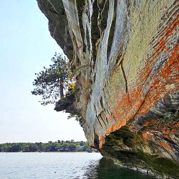 Vibrant mineral deposits paint nature's canvas on the limestone cliffs, where iron, copper and other elements create striking patterns in the rock face.
